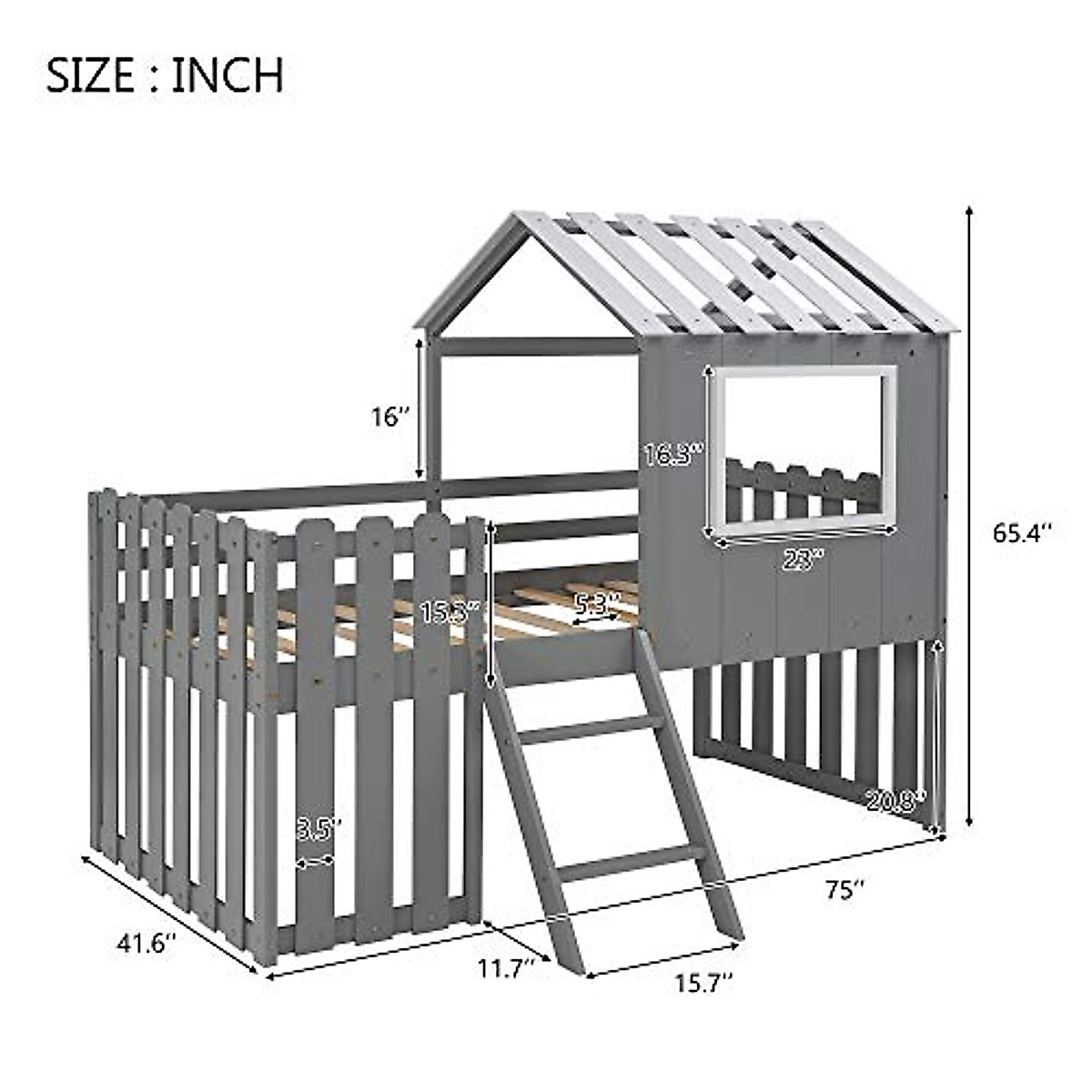 Twin Loft House Bed for Kids, Wooden Loft Beds with Rustic Fence-Shaped Guardrail/Ladder/Window/Roof for Teens Boys & Girls Bedroom (Gray-Loft House Bed)