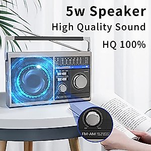 Portable AM FM Radio, Shortwave Transistor Radio with Best Reception, Battery Operated or AC Power Retro Radio with Big Bluetooth Speaker, Earphone Jack USB TF Card AUX Input, for Senior(Gray)