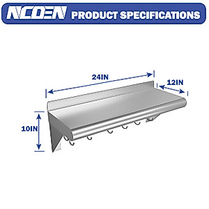 NCOEN"12 * 24" Stainless Steel Shelf with 6 Hooks, 304 Stainless Steel Shelf Wall Mounted for Commercial Restaurant, Kitchen, Home and Bar Stainless Steel Wall Shelf