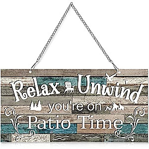 10 x 5 Inch Patio Wall Decor Hanging Wall Art Metal Plaque Signs Vintage Balcony Decor Retro Patio Accessories Relax Unwind You're on Patio Time with Chain for Home Pub(White Words with Vivid Base)