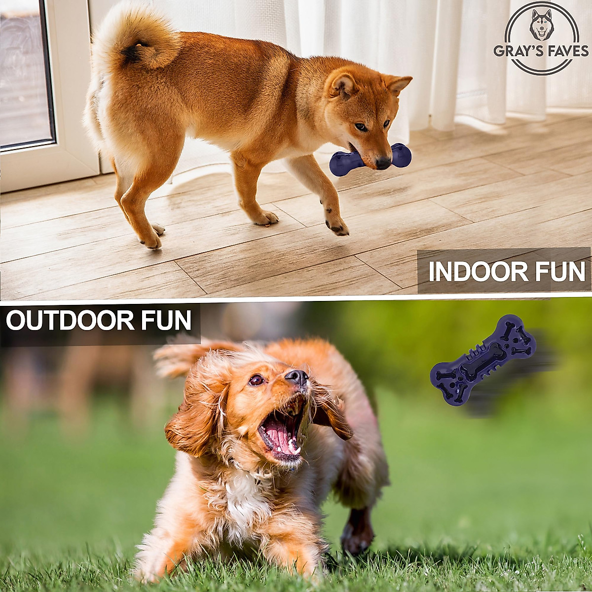 GRAY'S FAVES Goodie Dog Chew Bone Toy with Treat Dispensing Grooves, Heavy-Duty for Aggressive Chewing, Enriching and Interactive Play for Puppies, Safely Cleans Teeth (Blue)