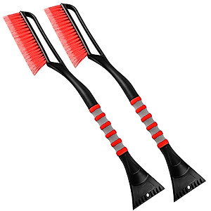 AstroAI 2 Pack 27" Snow Brush and Ice Scrapers for Car Windshield, Detachable Snow Scrapers with Ergonomic Foam Grip for Cars, Trucks, SUVs (Heavy Duty ABS, PVC Brush, Red)