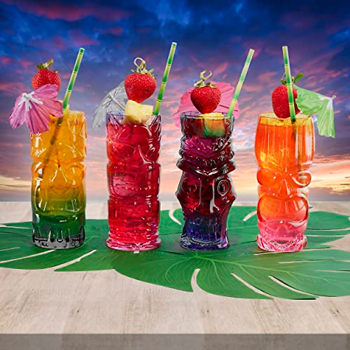 Burns Glass Set of 4 Colored Tiki Glasses - Perfect Tropical Cocktail Tiki Glassware for Tiki Bar, Island Parties, and Gifts for Tiki Lovers