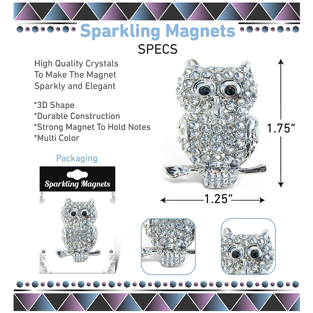 CoTa Global Owl Sparkling Refrigerator Magnet - Silver Sparkling Rhinestones Crystals, Cute Wild Life Animal Bird Magnet For Kitchen Fridge and Locker, Home Decor and Cool Office Decor Novelty - 1.75"