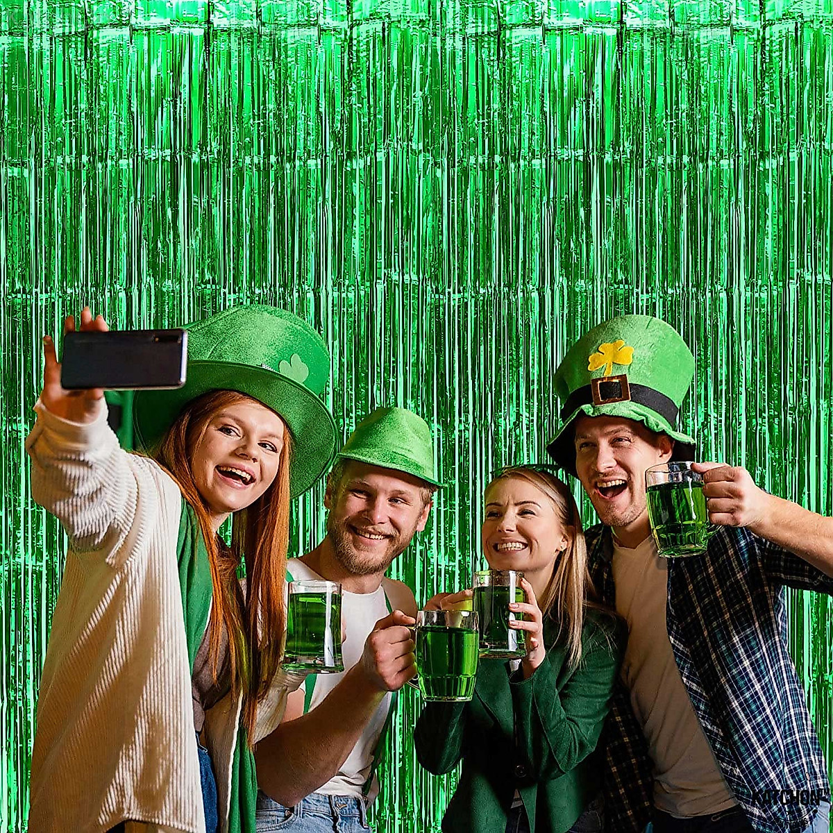 4 Pack Green Foil Fringe Curtain Backdrop, 3.28Ft x 8.2Ft Metallic Tinsel Foil Fringe Streamer Curtains for Photo Booth Props Decor Party Supplies