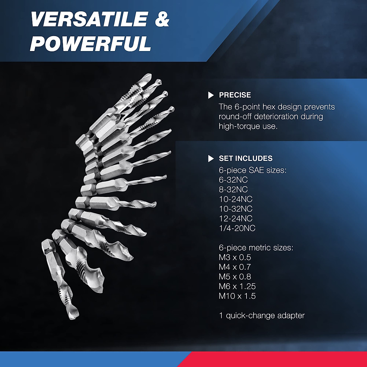 NEIKO 10059A Combination Drill and Tap Bit Set with Quick Change Adapter, 13 Piece, SAE (6-32NC to 1/4-20NC) and Metric Drill Bit Set (M3 to M10), Metric Tap Set