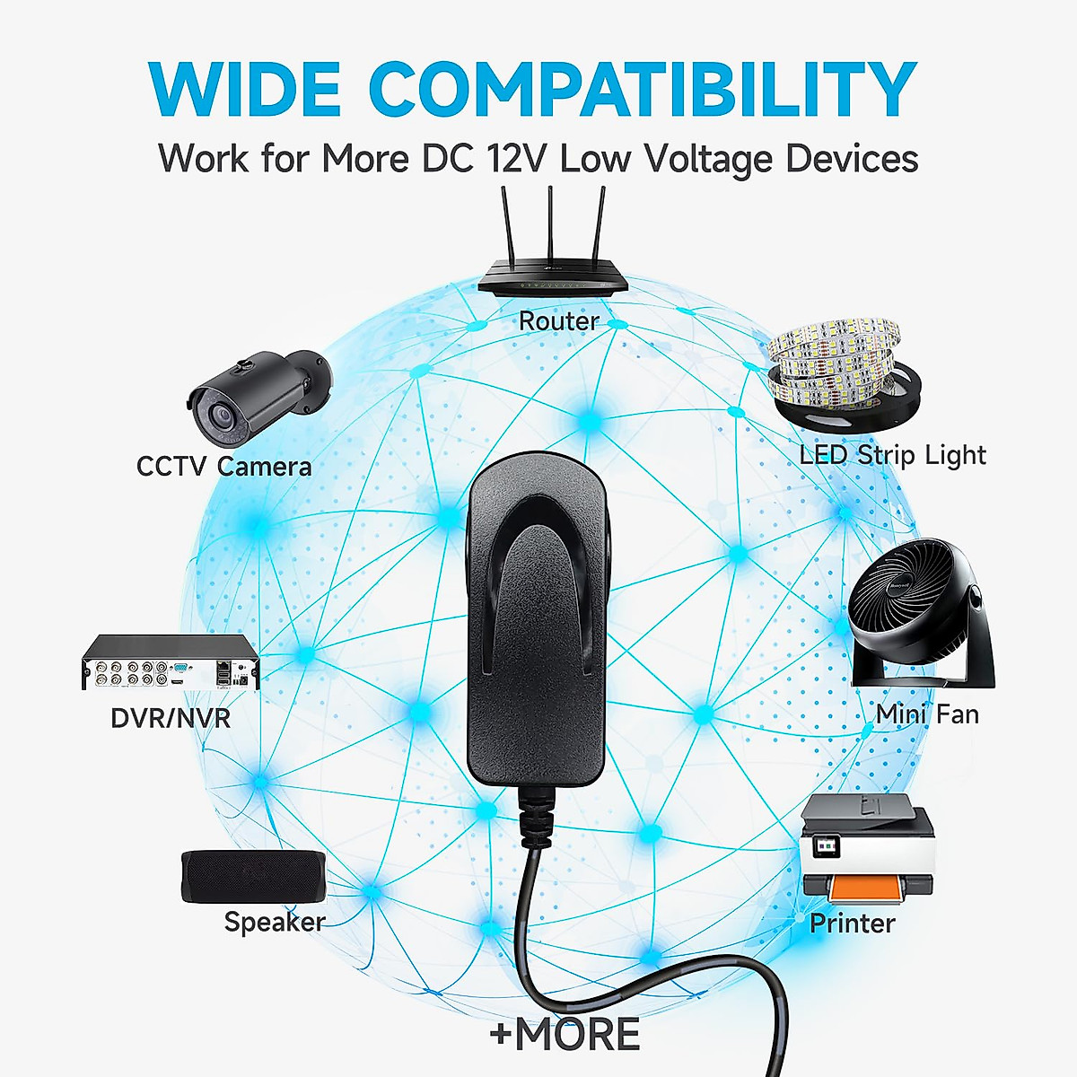 UL Listed 12V 1A 10ft Power Supply Adapter, Regulated 12Volts 1000mA 12W AC Adapter Charger Replacement for LED Strip Light Keyboard BT Speaker Router CCTV Camera Webcam DVR NVR and More