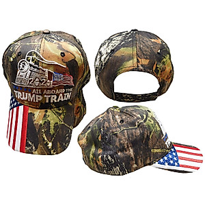 All Aboard The Trump Train 2020 Woodland Camo USA Flag Bill Embroidered Hat Cap