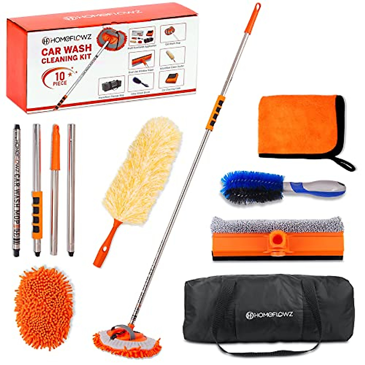 Homeflowz Car Wash Mop Kit [10PC] - Car Wash Brush with Long Handle - 62'' Stainless Steel Pole - Scratch Free Chenille Microfiber Car wash Brush Mitt - Car Mop Washing Kit for RV Cars and Bus