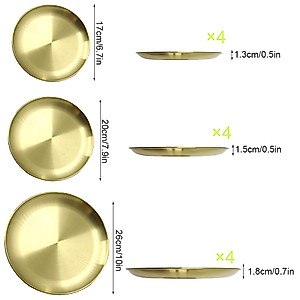 12 Pack Stainless Steel Plates, Reusable Brushed Metal Dinner Plates, Durable Metal Dinner Dishes for Picnic BBQ Steak(gold)