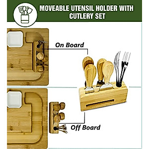 PandPal Charcuterie Cheese Board Set with Bonus Knives, Bowls, and Forks – Reversible Extra Large Bamboo Board & Serving Tray with Deep Grooves and Easy Handles