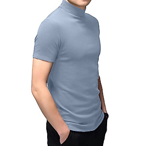 Men's T Shirt Short Sleeve Basic Mock Turtleneck Slim Fit Undershirt Pullover Thermal Solid Tops Dusty Blue