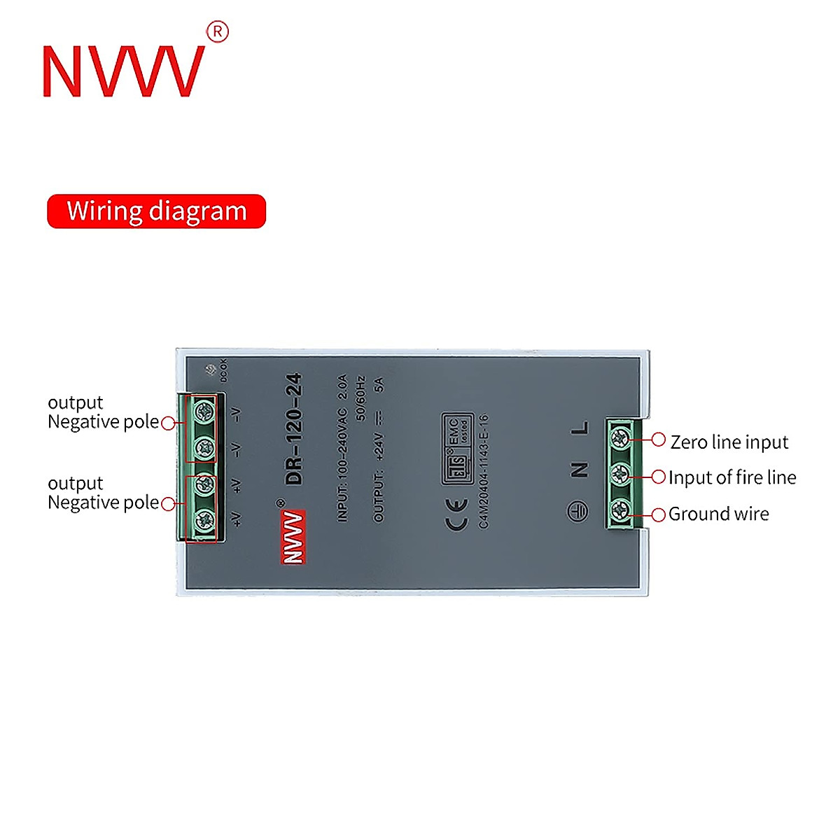 NVVV DR-120-24 AC to DC DIN-Rail Power Supply, 24V, 5 Amp, 120W, 1.5 inches, Silver+Grey