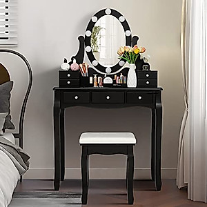 Quimoo Large Vanity Desk with LED Lighted Mirror & Power Outlet,Makeup Vanity Table with 7 Drawers,4 Shelves and 8 Hooks,for Bedroom,Bathroom,Black