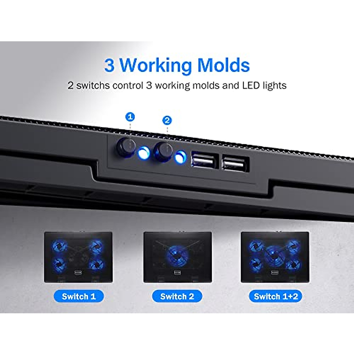 Kootek Laptop Cooling Pad 12"-17" Cooler Pad Chill Mat 5 Quiet Fans LED Lights and 2 USB 2.0 Ports Adjustable Mounts Laptop Stand Height Angle, Blue