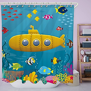 Blue Submarine Shower Curtain Sets with Rugs, Toilet Lid Cover and Bath Mat, Tropical Ocean Nautical Underwater World Bathroom Curtain Waterproof Polyester Fabric wtih Hooks 4PCS