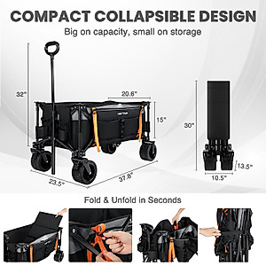 HEYTRIP Collapsible Wagon Beach Wagon Cart Heavy Duty with Big Wheels for Sand, Utility Wagon with 200L Capacity & 286LBS Load-Bearing, Side Pocket and Brakes for Shopping Camping Garden
