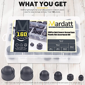 Mardatt 160Pcs 6 Sizes Bolt Covers Screw Caps Assortment Kit M4 M5 M6 M8 M10 M12 Plastic Acorn Nut Dome Hex Cap Cover for Protecting Hexagon Screws Bolts,Black