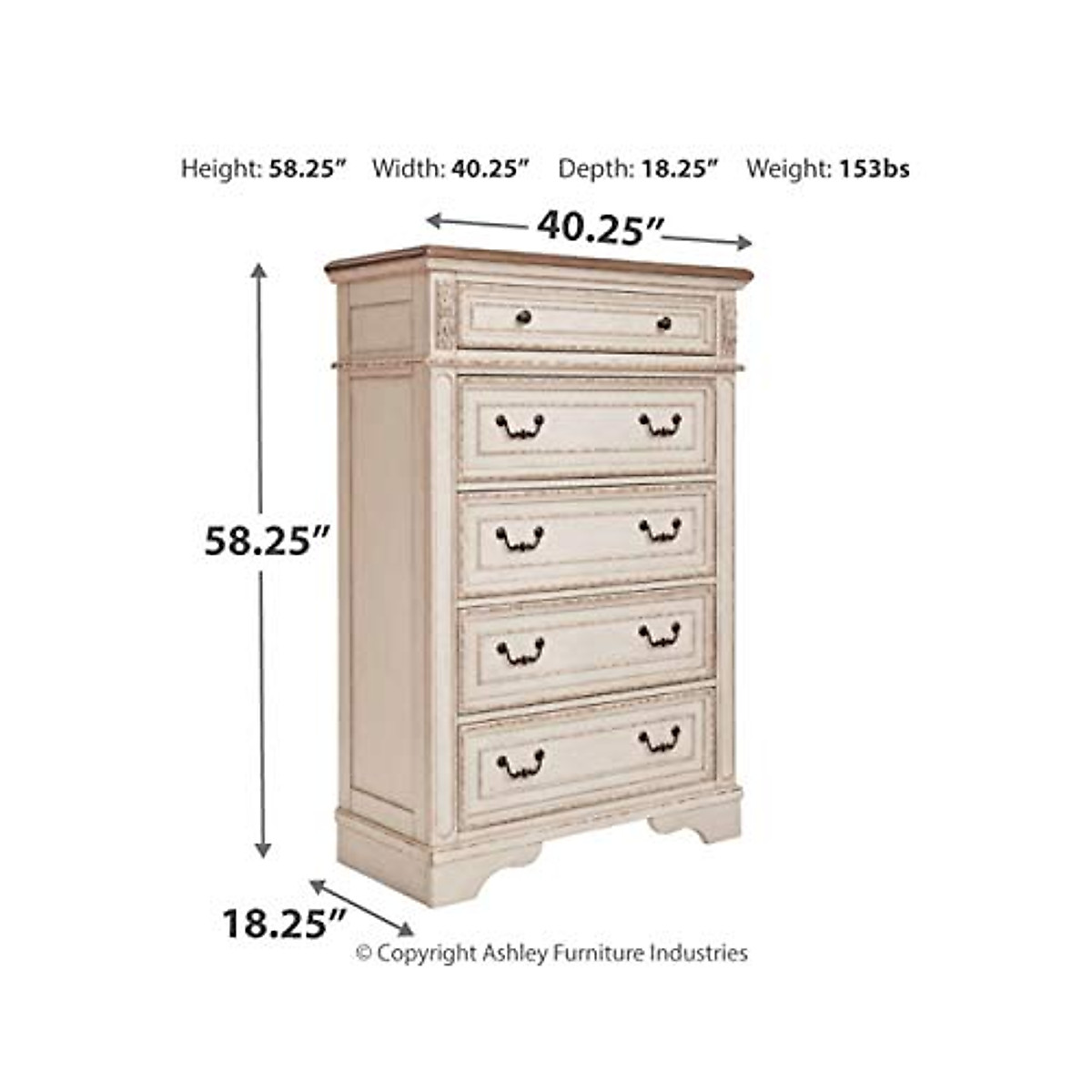 Signature Design by Ashley Realyn French Country Two Tone 5 Drawer Chest of Drawers, Chipped White
