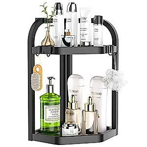 2-Tier Corner Bathroom Counter Organizer with Hooks, COORACK Bathroom Trays for Counter Vanity Organizer, Bathroom Sink Organizer Kitchen Spice Rack for Bathroom, Bedroom, Kitchen (Small)