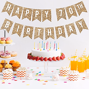 Pre-Strung Happy 70th Birthday Banner - NO DIY - Gold Glitter 70th Birthday Party Banner For Men & Women - Pre-Strung Garland on 6 ft Strands - Gold Birthday Party Decorations & Decor. Did we mention