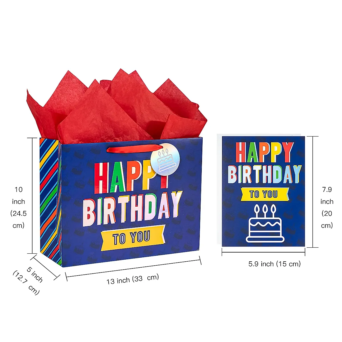 WRAPAHOLIC 13" Large Gift Bag with Card and Tissue Paper - Colorful Happy Birthday with Holographic Silver Foil