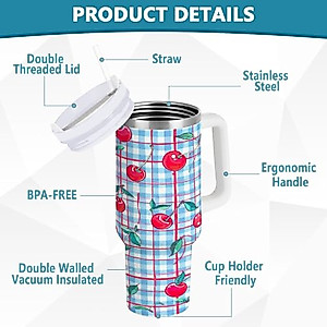 RPLIFE Kawaii Cherry Grid Pastel Stainless Water Bottle, Insulated Coffee Cups with Lids, Tumblers for Women