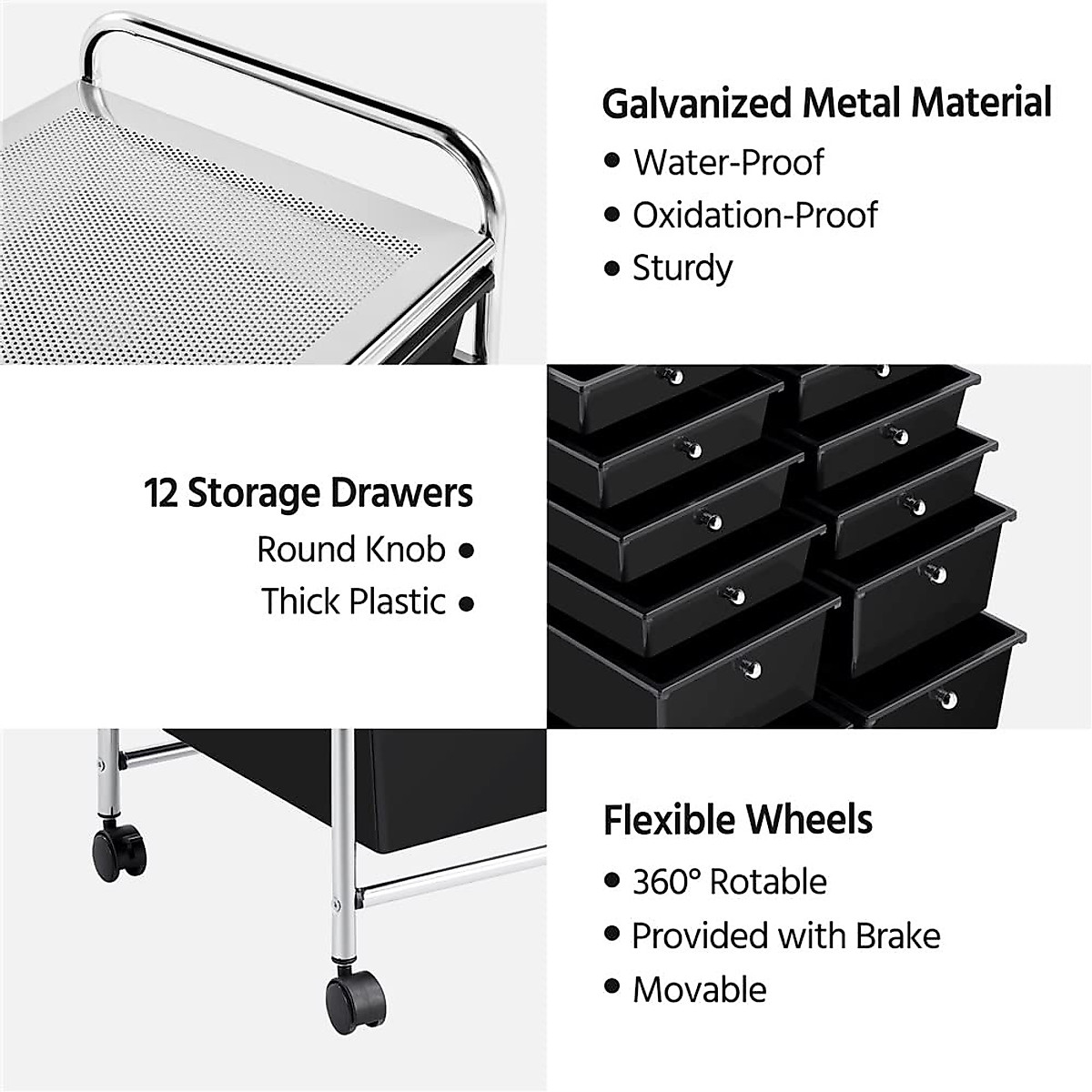 FDMASK 12 Drawer Rolling Storage Cart (Color : Black)