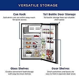GE Mini Fridge With Freezer | 4.4 Cubic Ft. | Single-Door Design With Glass Shelves, In-Door Can Rack & Small Freezer | Small Refrigerator Perfect for the Garage, Dorm Room, or Bedroom | Clean Steel