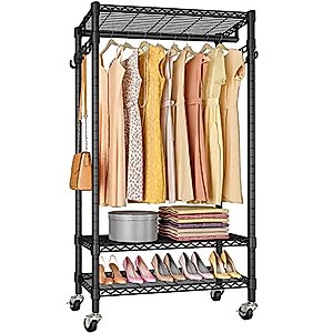 VIPEK X1 Plus Rolling Garment Rack Heavy Duty Clothes Rack for Hanging Clothes, Portable Closet Wardrobe with Wheels and Side Hooks, Adjustable Freestanding Metal Clothing Rack with Shelves, Black