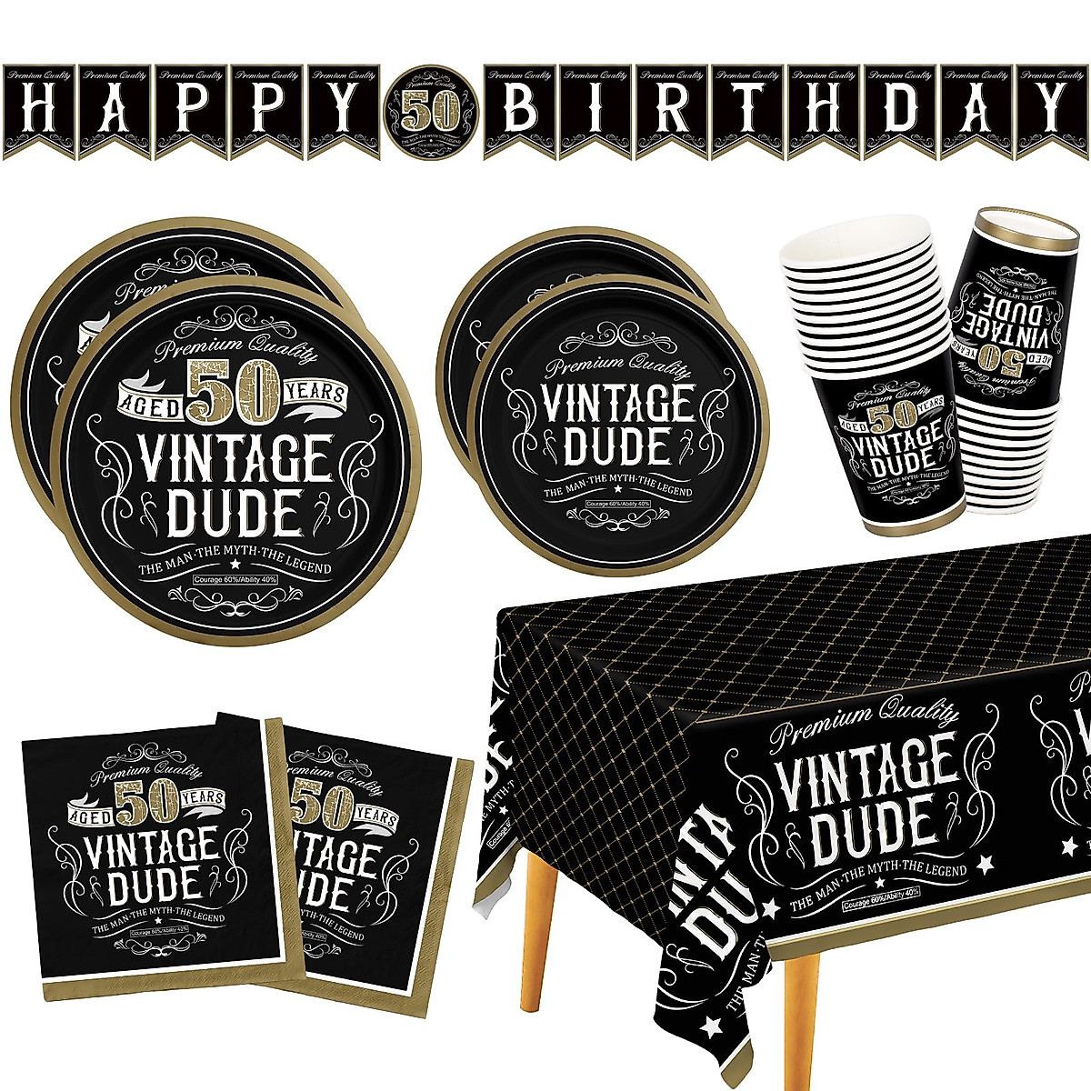 50th Birthday Party Supplies Paper Plates Napkins Cups Tablecloth Banner for Men Black and Gold 50th Birthday Decorations Serve 25