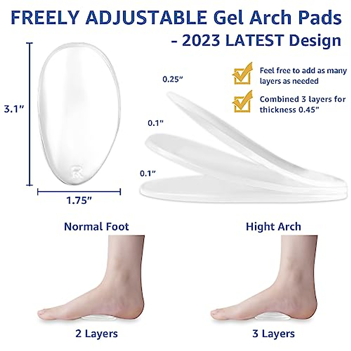 SQHT Adjustable Arch Support Inserts, Gel Arch Support Shoe Insoles for Flat Feet, Arch Pads for High Arch Foot Pain Relief- 2 Pairs