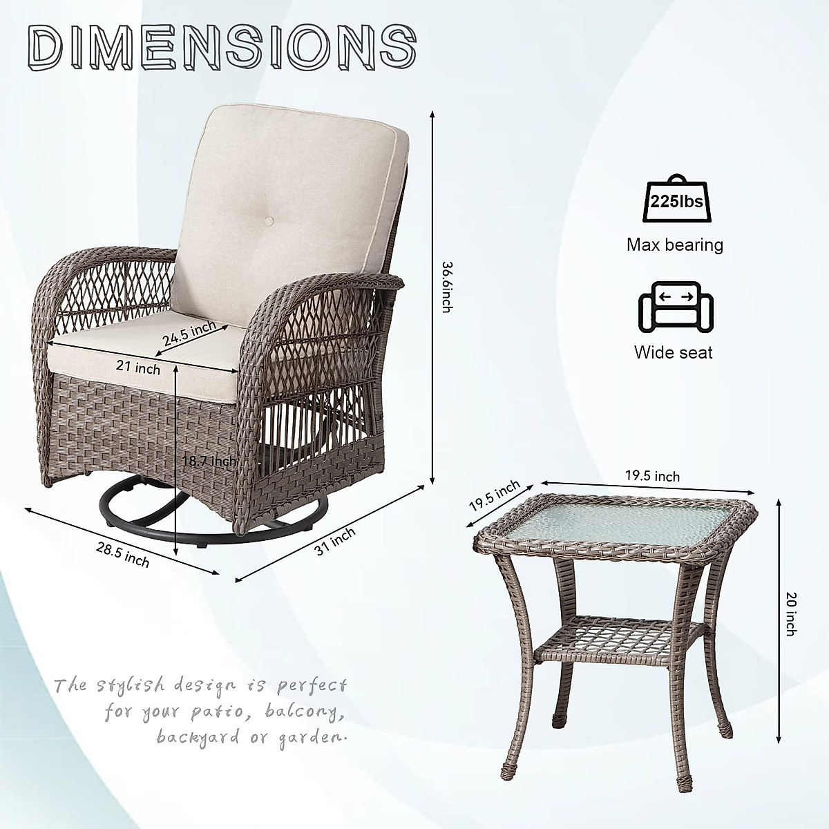 MeetLeisure Bistro Set 3 Piece Outdoor Patio Furniture, Wicker Swivel Rocking Chair Set with Matching Coffee Table & Premium Fabric Cushion(Mixed Grey/Beige)