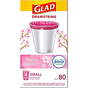Glad Odorshield Small Drawstring Trash Bags, 4 Gal, Pink, Cherry Blossom, 80 Ct, Pack May Vary