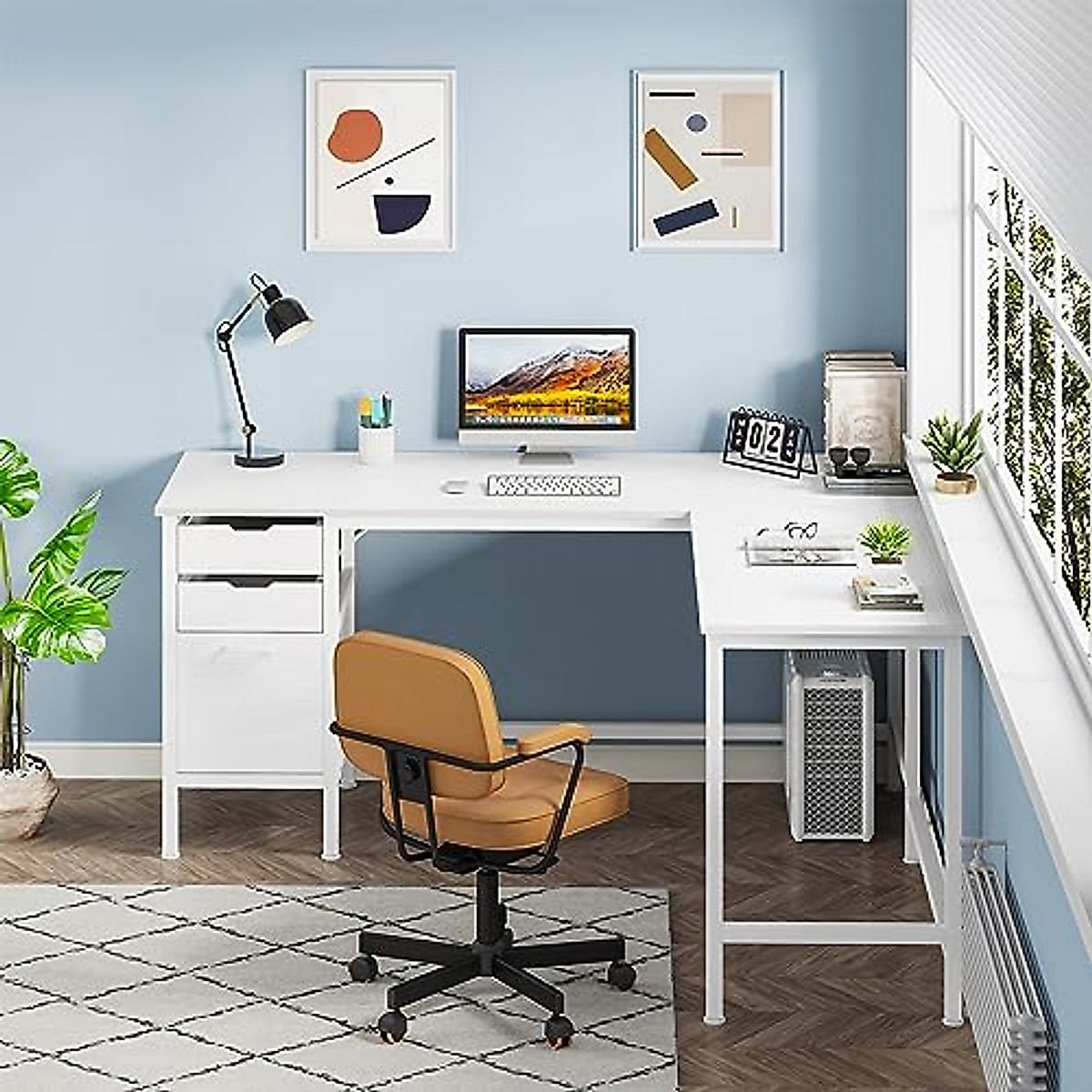 Tribesigns L Shaped Desk with File Drawer Cabinet, 59 Inch Corner Desk L Shaped Computer Desk with Drawers, PC Table Writing Desk for Home Office, White