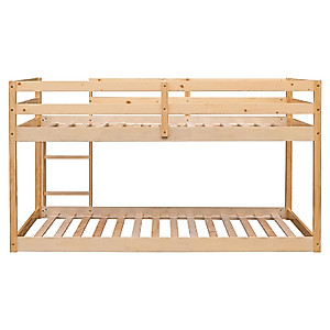 CNANXU Twin Low Bunk Bed,Twin Loft Bed with Ladder for Boys and Girls, Wood Loft Bed Twin Over Twin Bunk Bed Frame with Full Length Guardrail Multifunctional Design,Wooden Slat Support (Natural)