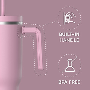 Hydrapeak Voyager 40 Oz Stainless Steel Tumbler with Handle, Insulated Water Bottle With Straw & Lid, Cupholder Friendly Reusable Travel Mug (Cotton Pink)