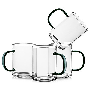 LUXU Glass Coffee Mugs Set of 4,Borosilicate Glass Coffee Cups 9 Fl.oz,Lead-Free Drinking Glasses,Premium Tea Cups with Dark Green Handle,Latte & Mocha Mugs,Espresso Coffee Gifts for Home and Cafe