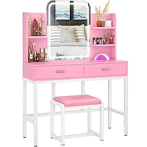 armocity Vanity Desk with Mirror and Light, Makeup Vanity with Cushioned Stool, Vanity Table Set with 3 Color Lighting Options, Modern Dressing Table with 2 Storage Drawers for Bedroom, Pink