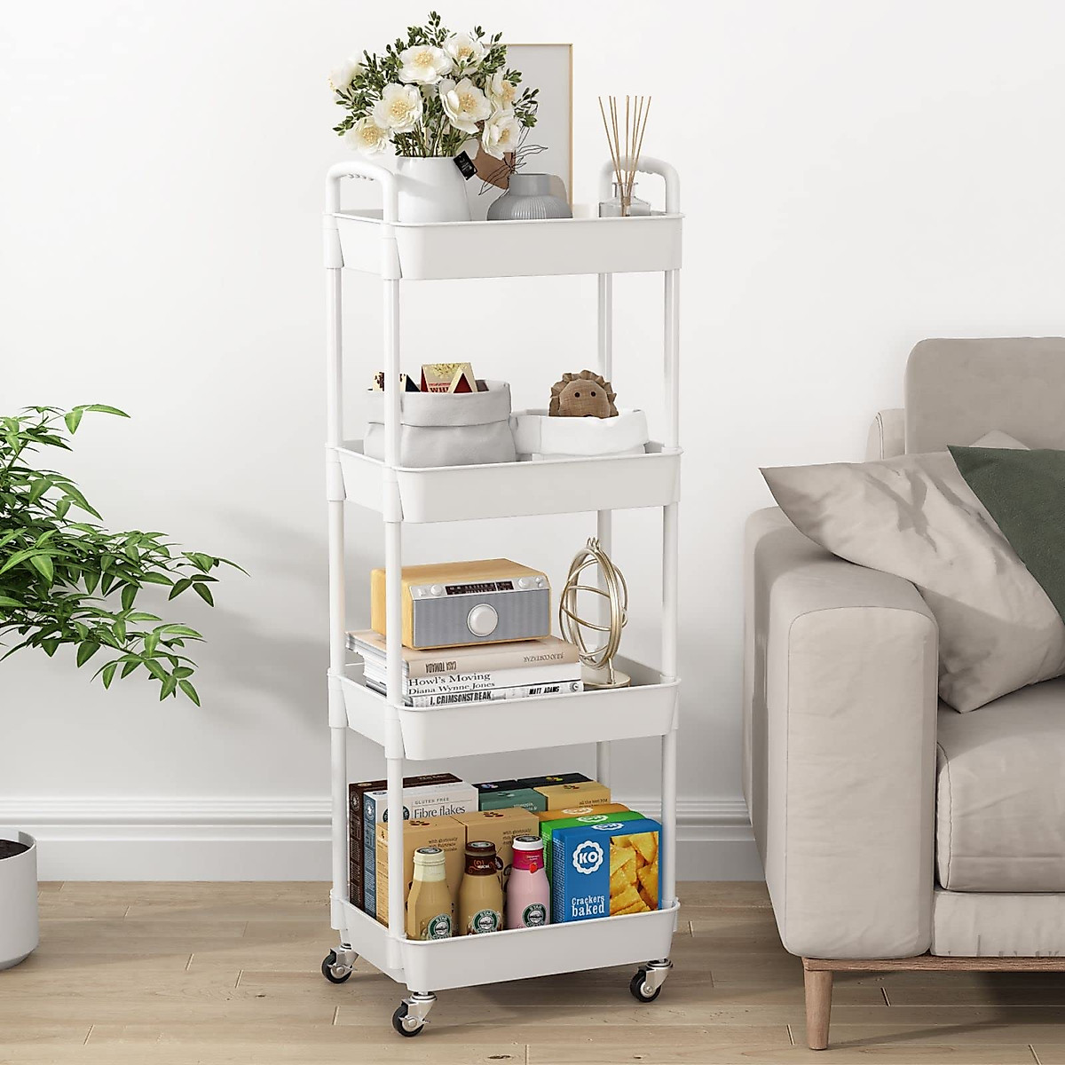 JIUYOTREE 4-Tier Rolling Storage Cart Utility Cart with Lockable Wheels for Living Room Bathroom Kitchen Office White