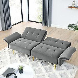 JFUYJK 78" Velvet Futon Sofa Bed, Convertible Sleeper Loveseat Couch with Folded Armrests and Storage Bags Gray