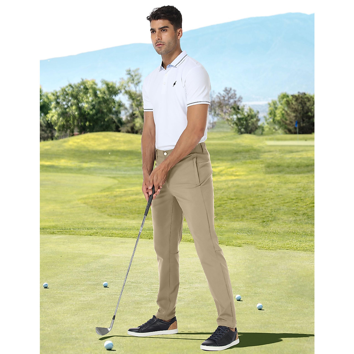 PULI Golf Pants Men Stretch Slim Fit Waterproof Dress Casual Work Hiking Tapered Pants with Pockets Stone,38Wx32L