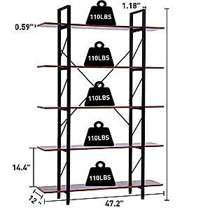 OTENNETO 5 Tier Book Shelf, Industrial Shelves Etagere Book Case with Extra Width & Rustic Wood Board, Large Vintage 5 Shelf Bookcase, Open Display Storage Furniture for Bedroom, Office, Living Room