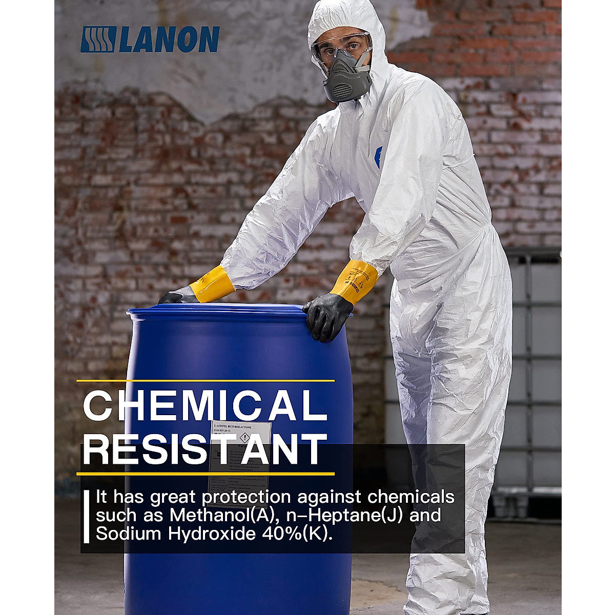 LANON PVC Chemical Gloves, Thick Rubber Work Gloves, Heavy-Duty, EN 374/388, Acid, Alkali and Oil, Non-Slip, XL