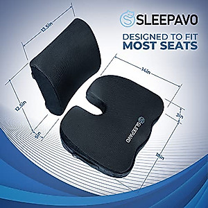 Sleepavo Memory Foam Seat Cushion for Office Chair - Orthopedic Back & Butt Pillow for Sciatica Tailbone Coccyx Hip Pain Relief for Sitting, Gaming, Desk, Car & Airplane - Padded Lumbar Support Pillow