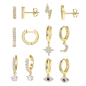 LOYALLOOK 6Pairs Moon Star Dangle Hoop Earrings for Women Mini Bar Stud Earrings CZ Drop Cartilage Cute Jewelry Small Huggie Hoop Valentine's Gift Gold Plated