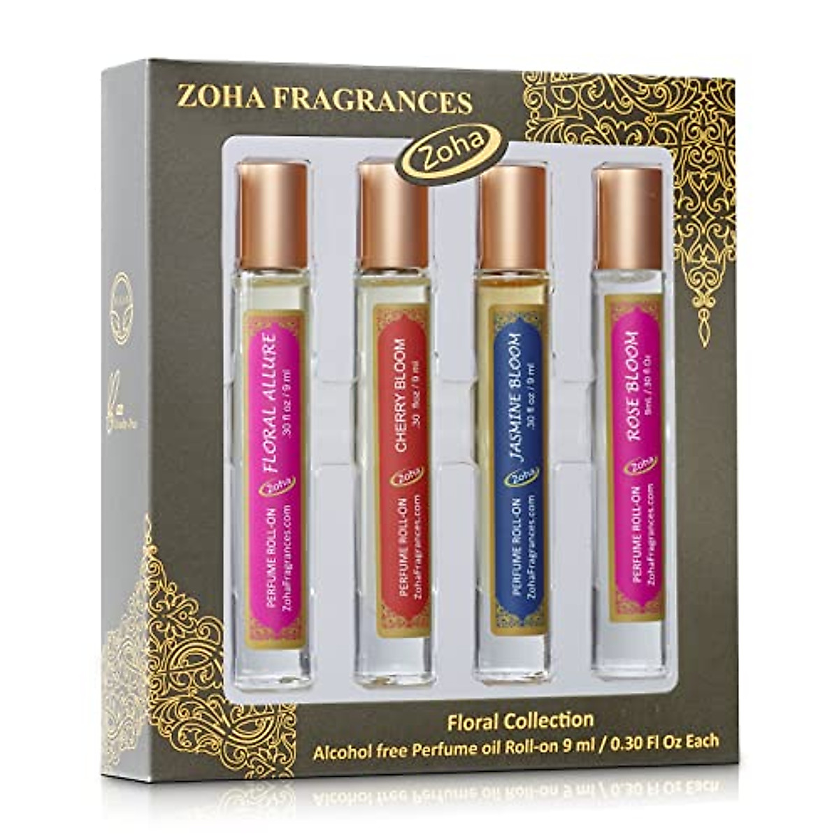 Zoha, Floral Collection Perfume Gift-Set for Women and Men, Alcohol-Free Hypoallergenic Vegan Fragrance Oil, Four Roll-On 9 ml/0.30 Oz Each
