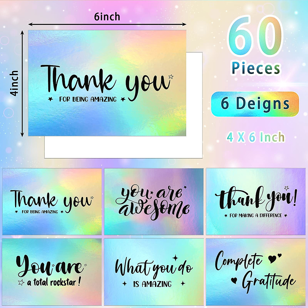 Holographic Thank You Cards Appreciation Postcards You Are Awesome Greeting Cards Thank You for Making a Difference Cards for Students Volunteers Teachers Graduation Nurses,4 x 6 Inch(60 Pieces)