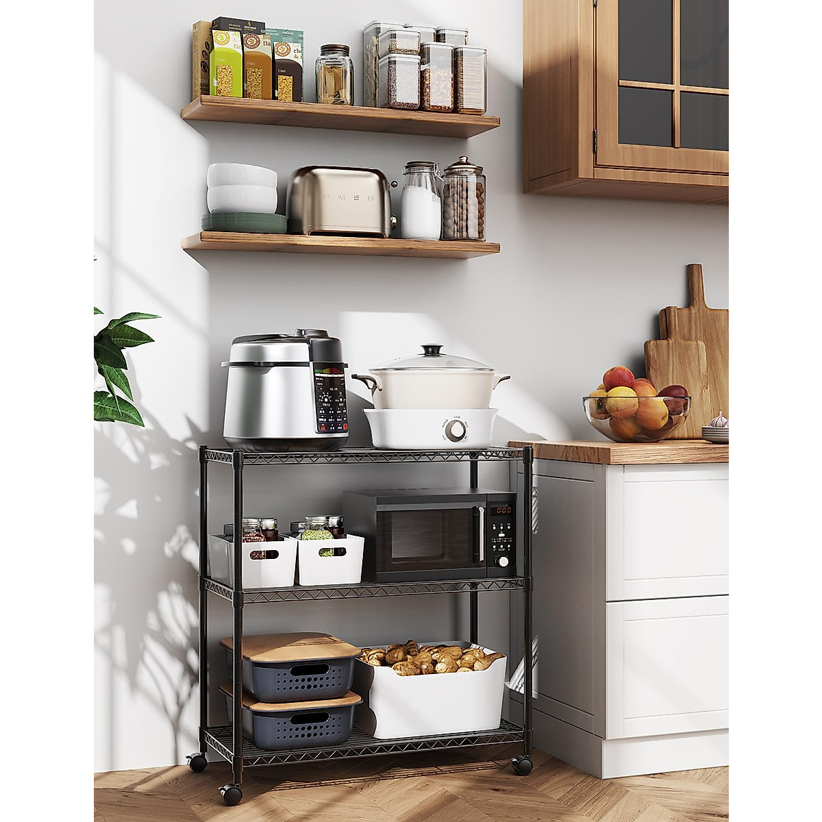 Simple Deluxe Heavy Duty 3-Shelf Shelving with Wheels, Adjustable Storage Units, Steel Organizer Wire Rack, 23" W x 13" D x 30" H, Black (HKSHLF23133003BPCLITE)