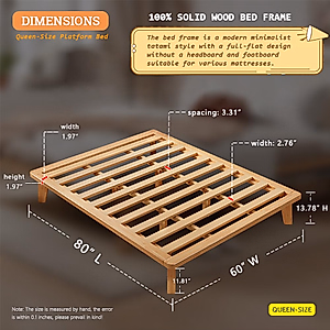 NELYE Queen Platform Bed Base - 14 Inch Solid Wood Mattress Foundation with Support Slats and Legs, Queen-Size Rubberwood Simple Bed Frame